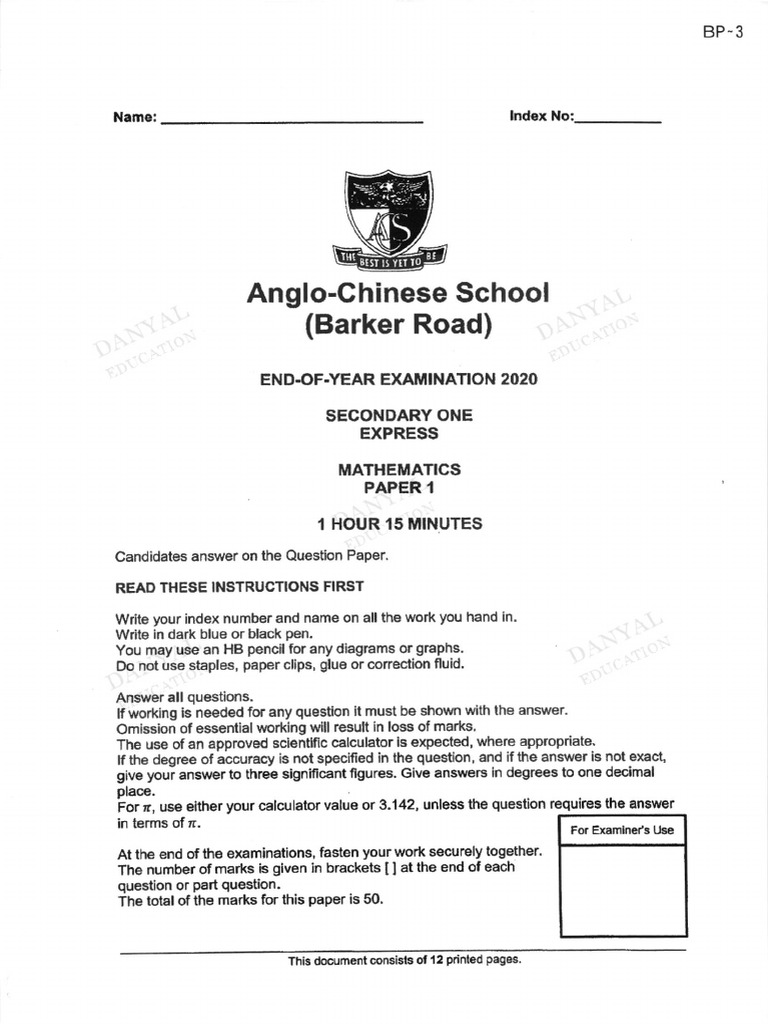 Anglo Chinese School End of Year 2020 Sec 1 Math | PDF | Mathematics