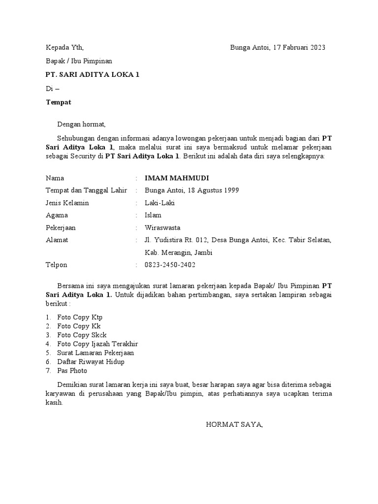 Surat Lamaran Pekerjaan Satpam | PDF