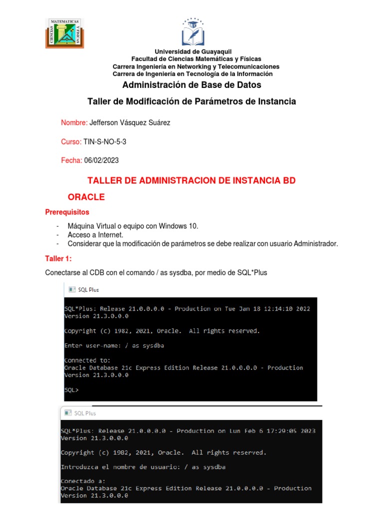 Taller de Modificacion - Parametros de Inicialización | PDF | SQL | Gestión de datos