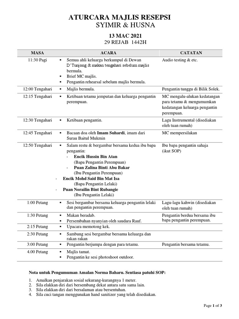 Aturcara Majlis Resepsi Syimir & Husna | PDF