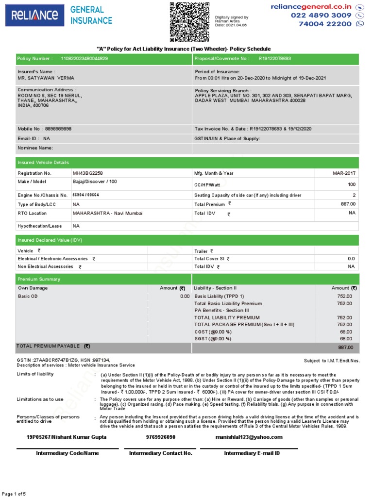 Reliance General Insurance Company Limited: "A" Policy For Act Liability Insurance (Two Wheeler ...