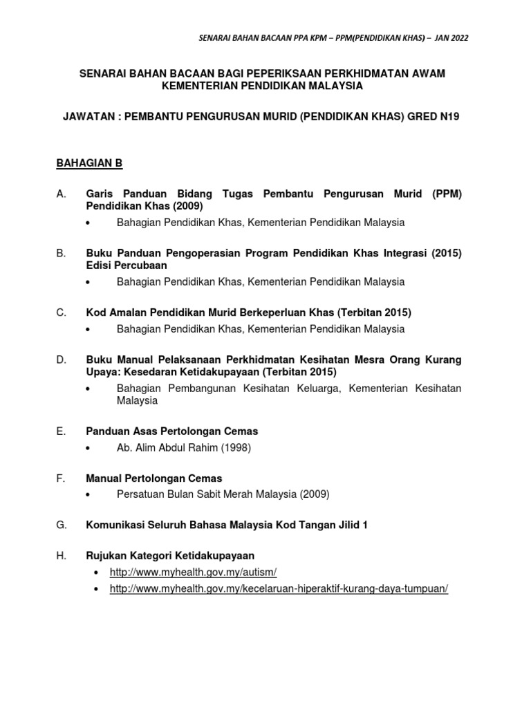 Bahan Bacaan Pembantu Pengurusan Murid PPM Pendidikan Khas 2022 | PDF