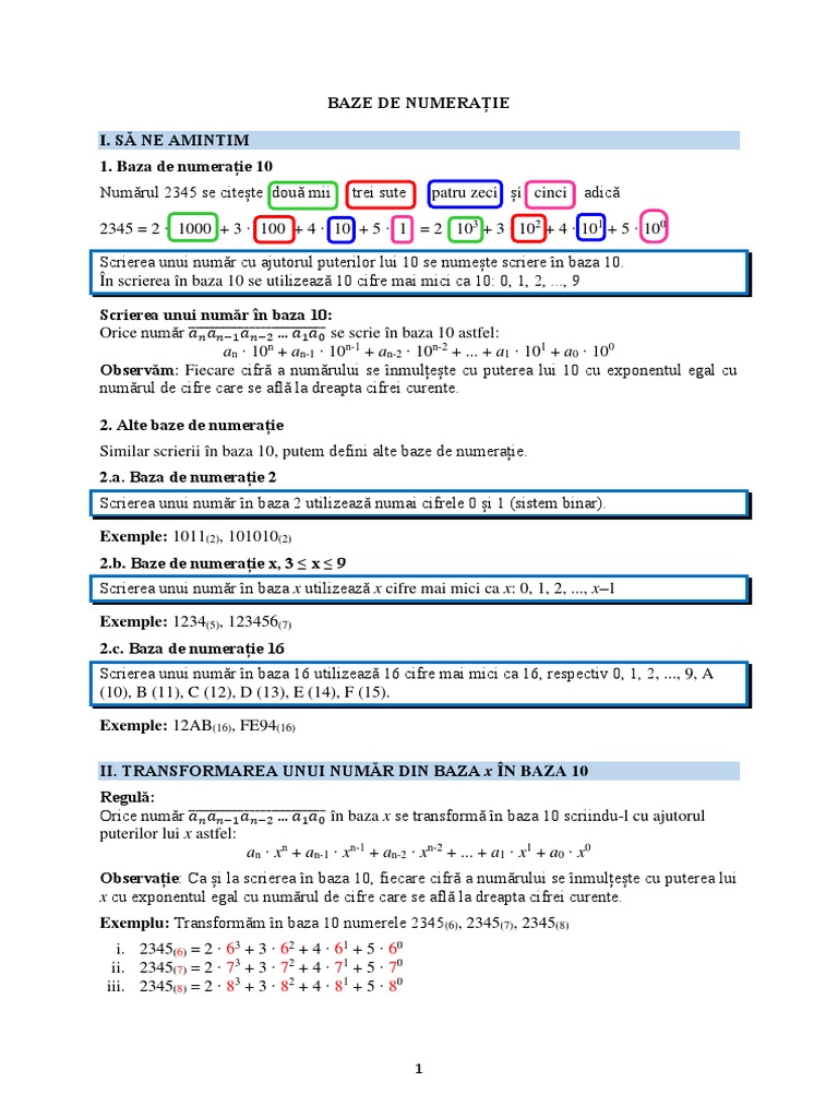 Baze de Numeratie Clasa A IX A | PDF