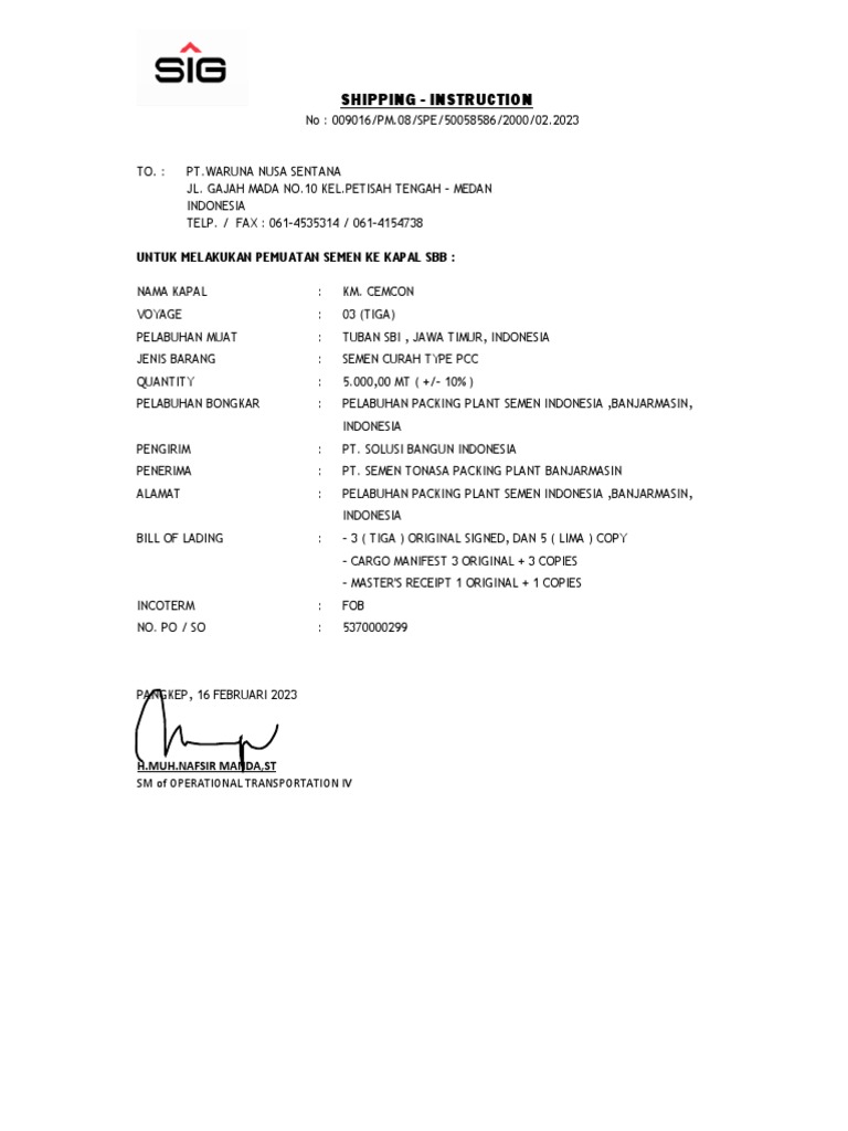 Shipping Instruction Cemcon Voyage 03 - 2023 Muat Tuban Sbi Eta TGL 17 Februari 2023 Rev Plant | PDF