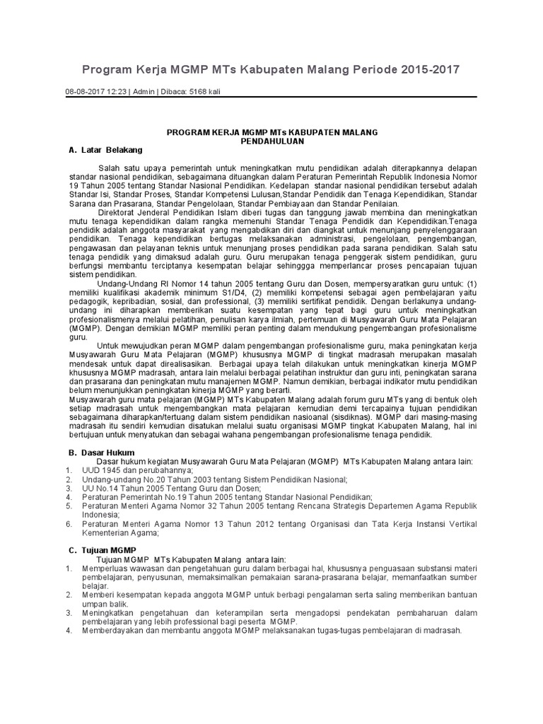 Program Kerja MGMP MTs Kabupaten Malang Periode 2015 | PDF
