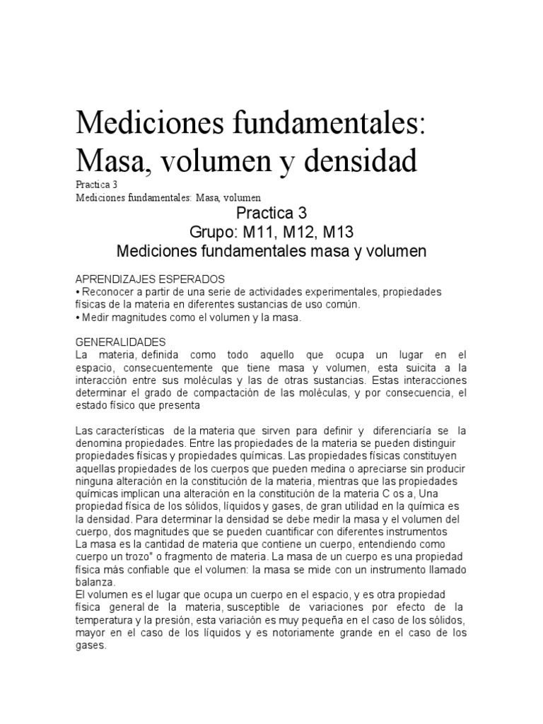 Masa, Volumen y Densidad en Materia | PDF | Importar | Masa