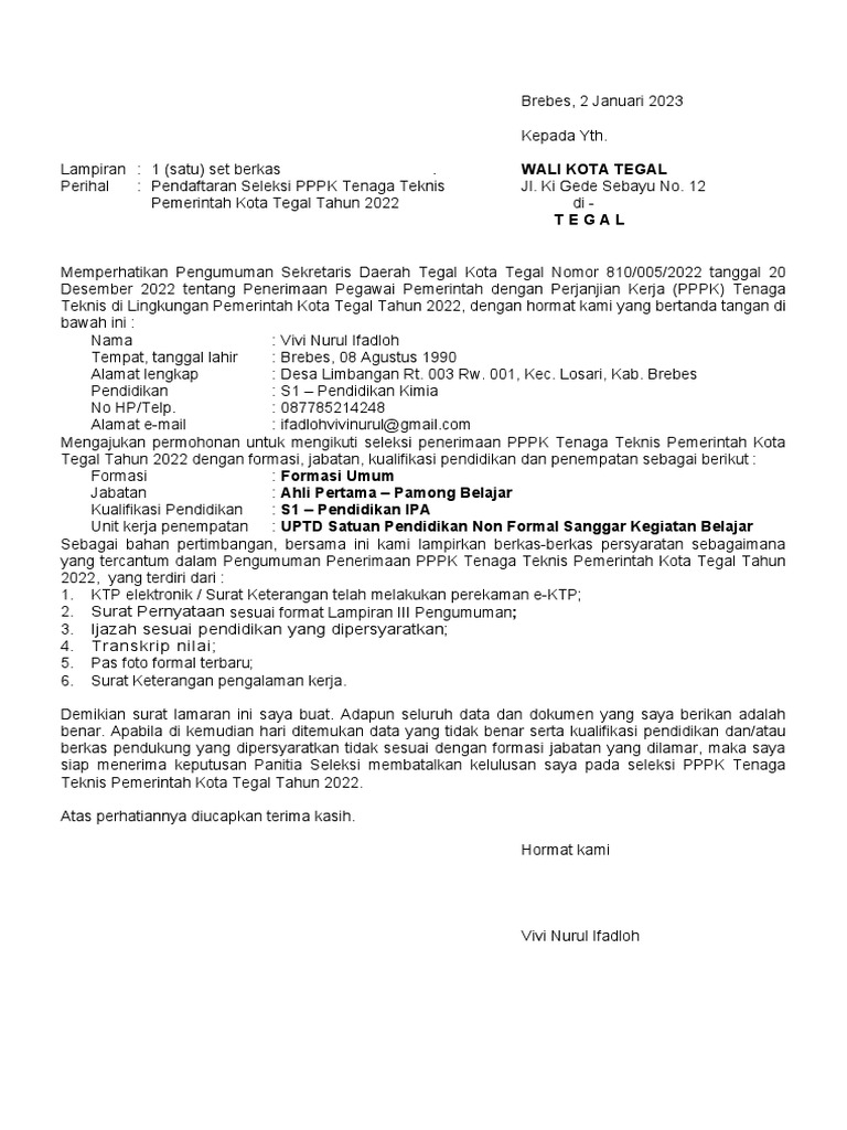 Contoh Surat Lamaran PPPK Tenaga Teknis | PDF