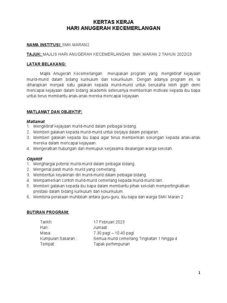 Kertas Kerja Majlis Hari Anugerah Cemerlang SMK Maran 2 | PDF