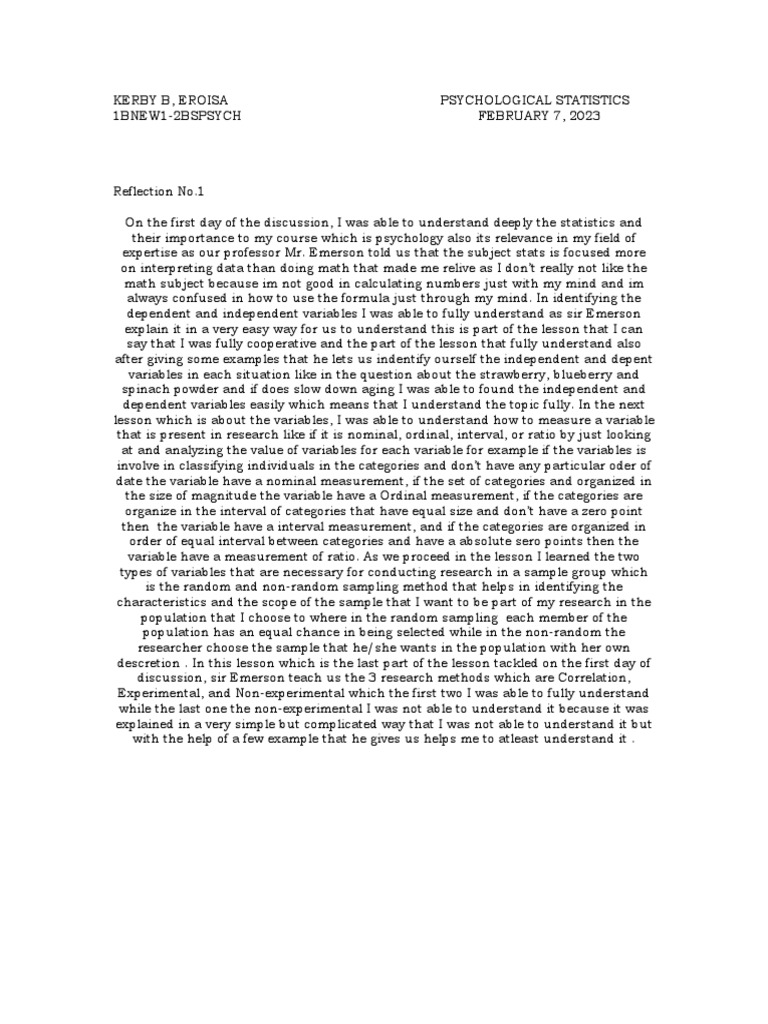 Psych Stats Reflection No.1 | PDF | Statistics | Sampling (Statistics)