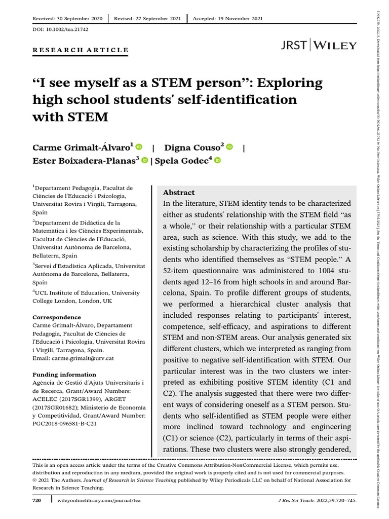 J Res Sci Teach - 2021 - Grimalt Lvaro - I See Myself As A STEM Person Exploring High School ...
