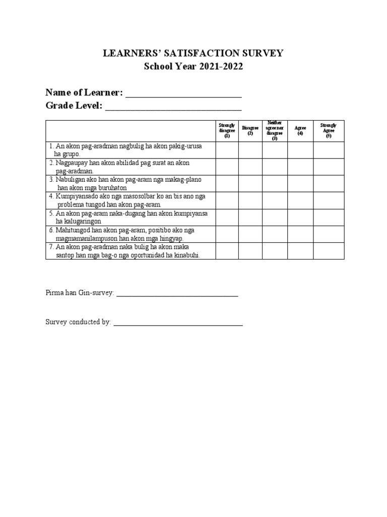 Satisfaction Survey Of The Learners Rfc Pdf