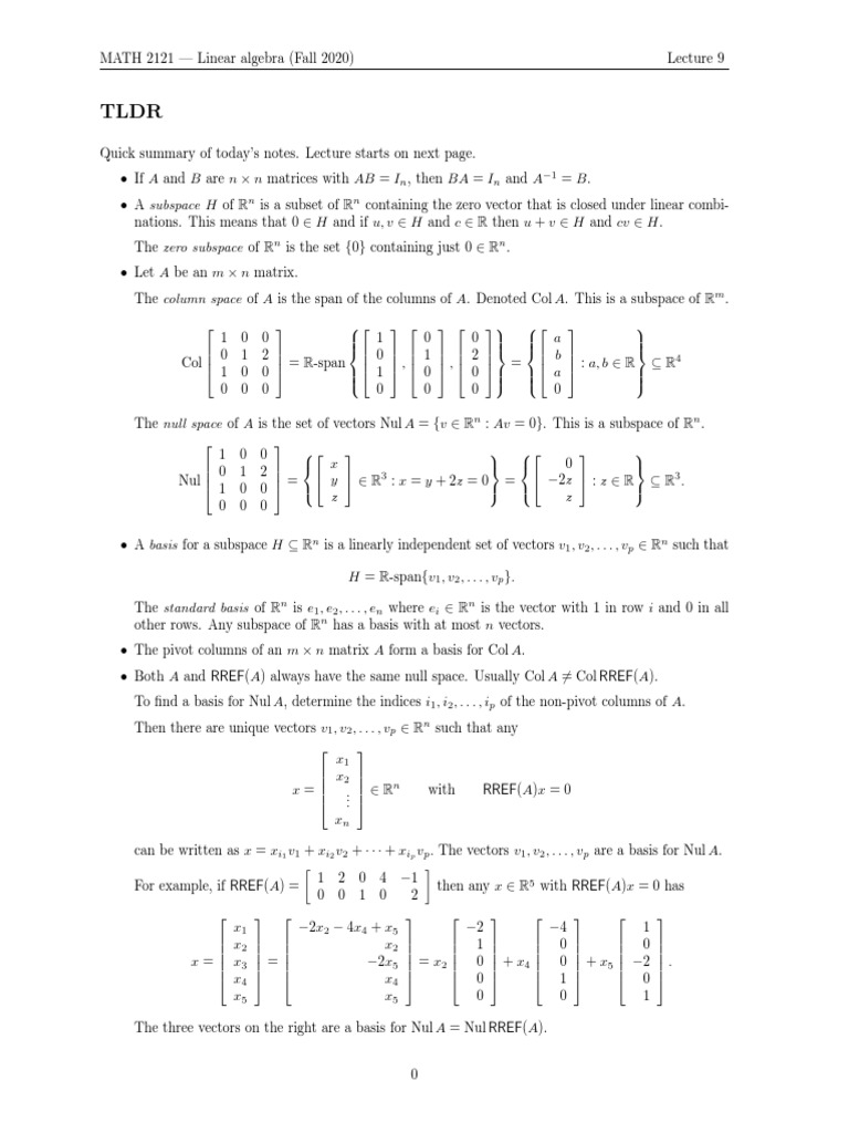 09 Math2121 Fall2020 | PDF | Linear Subspace | Matrix (Mathematics)