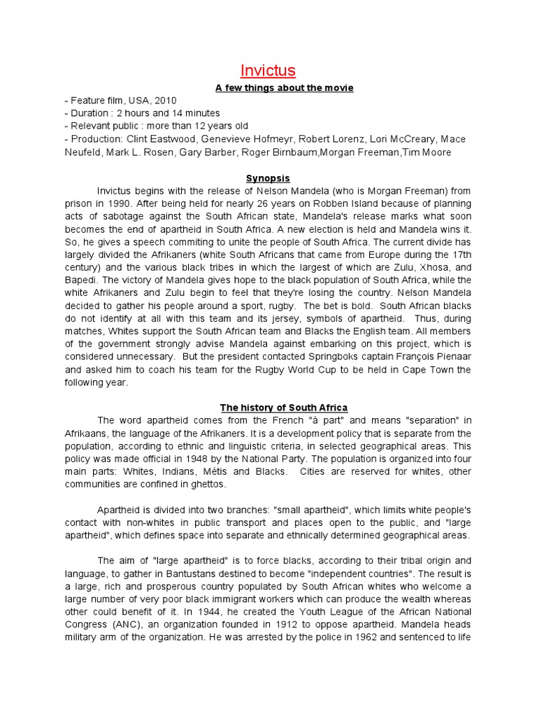 Film Invictus | PDF | Apartheid | South Africa