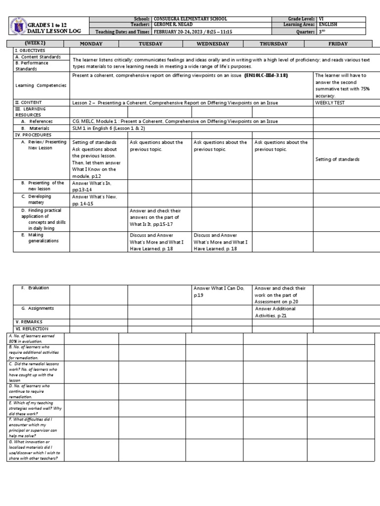 DLL - English 6 - Q3 - W2 - Gerome | PDF | Learning | Communication