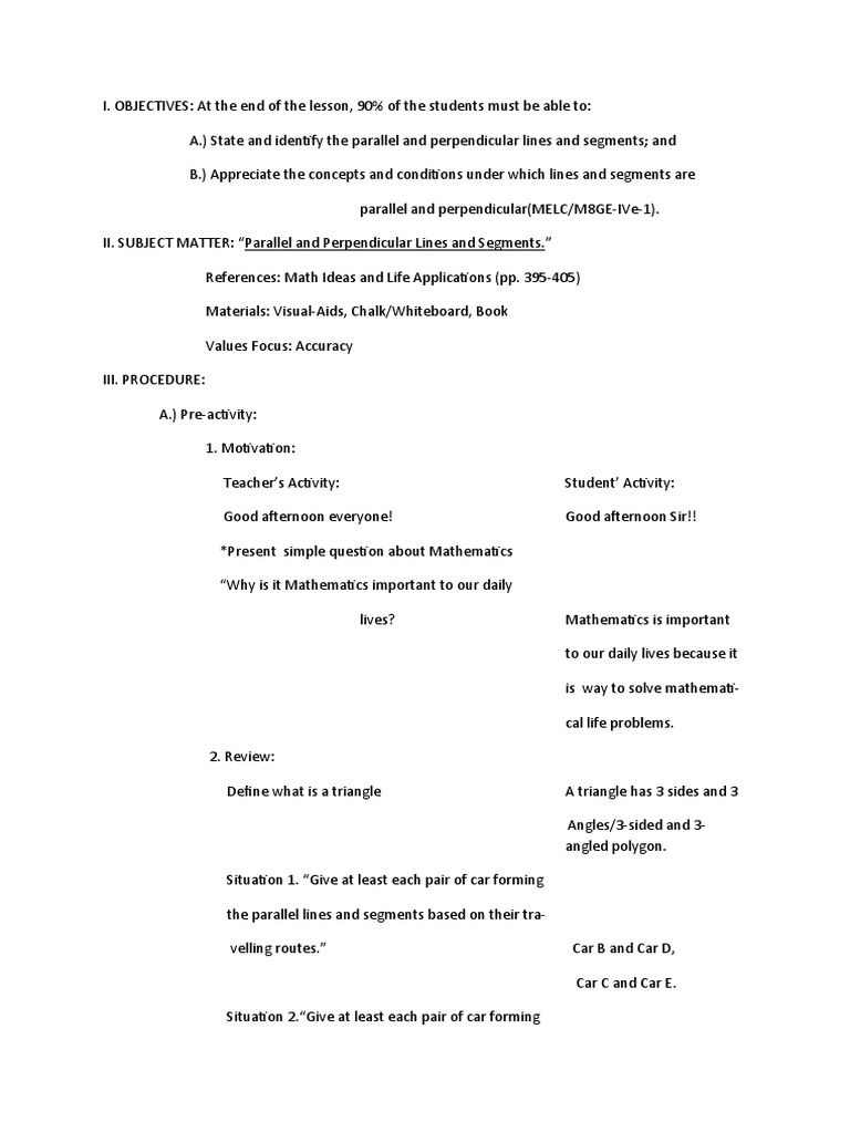 Parallel and Perpendicular Lines and Segments-Lesson Plan | PDF ...