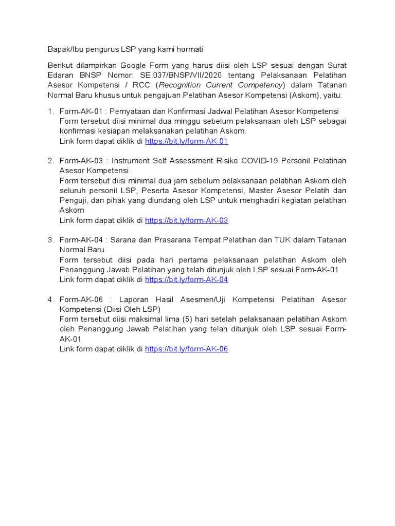 Link Form Pelatihan Askom Untuk LSP | PDF