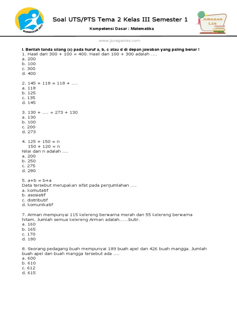 Soal UTS PTS Tema 2 Kelas 3 Semester 1 Matematika | PDF