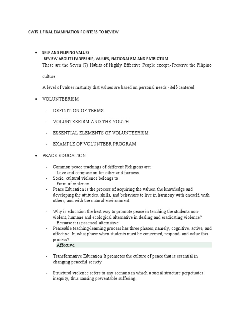 Cwts 1 Final Examination Pointers To Review | PDF | Violence | Peace