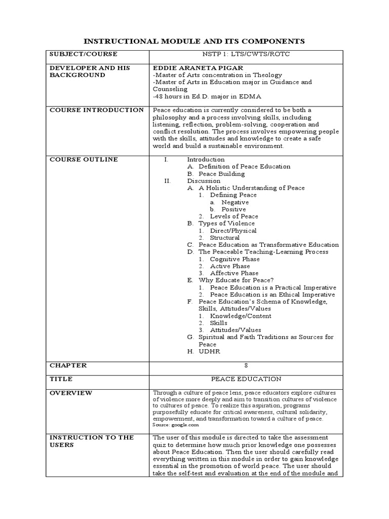 Topic 8 - Peace Education Module | PDF | Peace | Violence