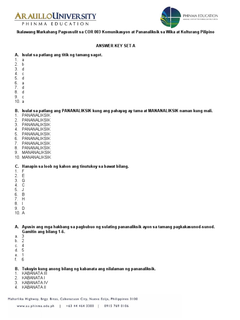Cor 003 - Ikalawang Markahang Pagsusulit - Answer Key | PDF