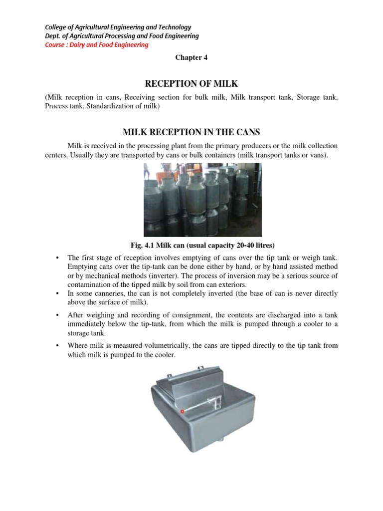 4-Reception of Milk Dairy and Food Engineering | PDF | Milk | Dairy