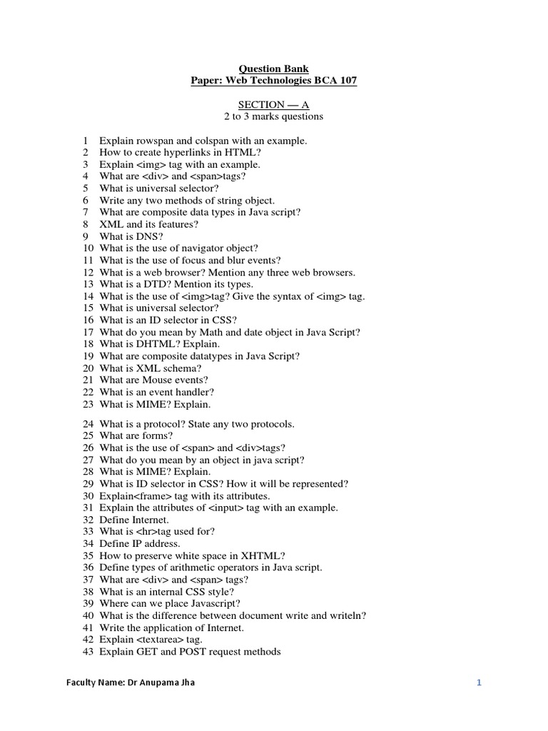 WT Question Bank | PDF | Html Element | Xhtml