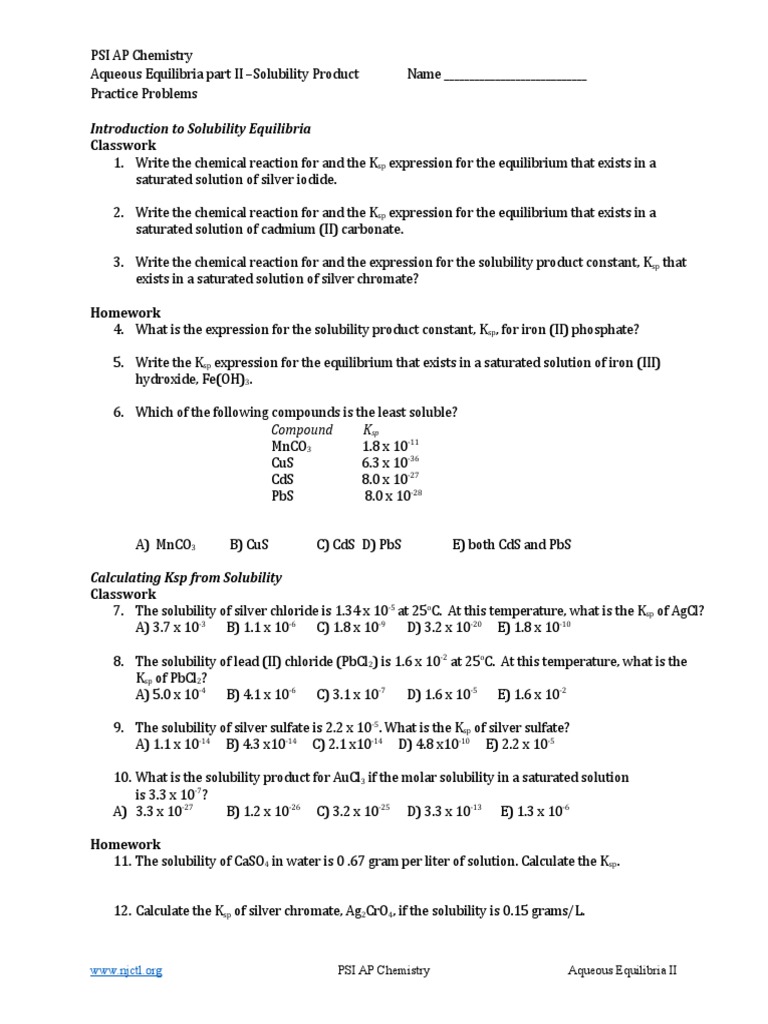 KSP Solutibilty Practice Problems | PDF | Hydroxide | Solubility