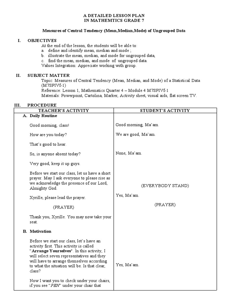 Grade 7 Lesson Plan: Central Tendency | PDF | Mean | Mode (Statistics)