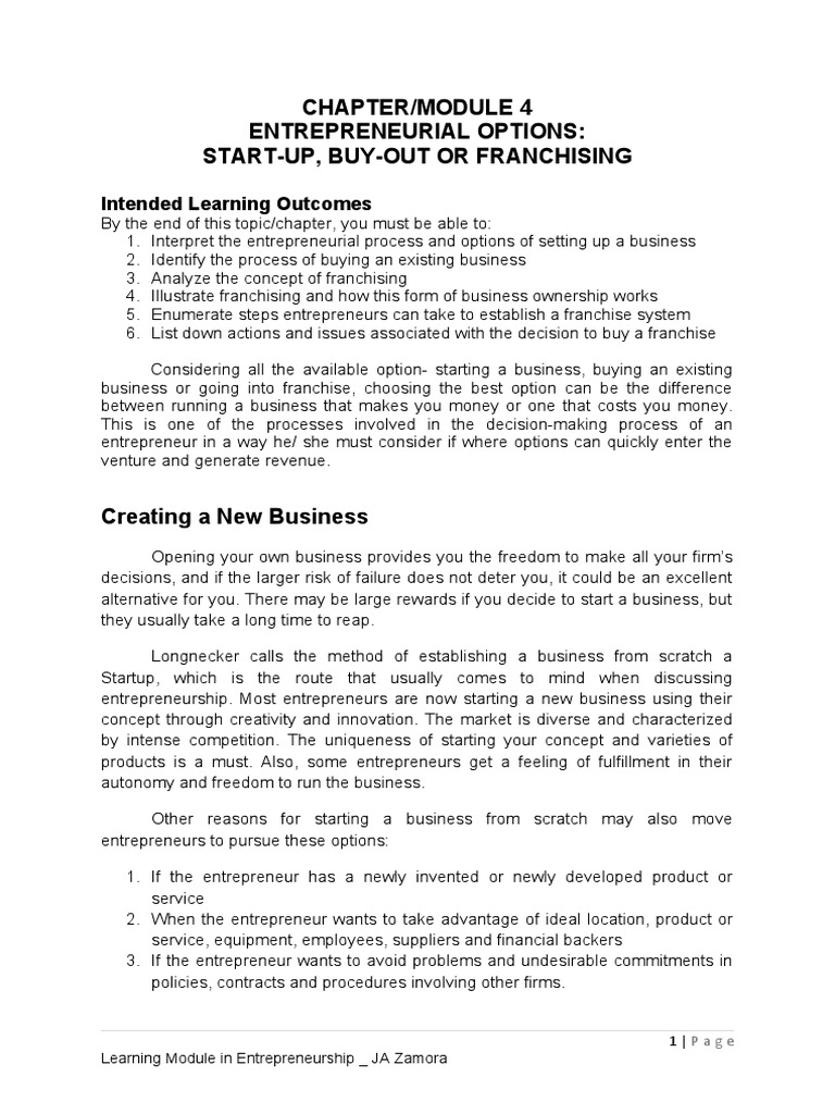 Entrepreneurial Options: Start-ups, Buyouts and Franchising | PDF ...
