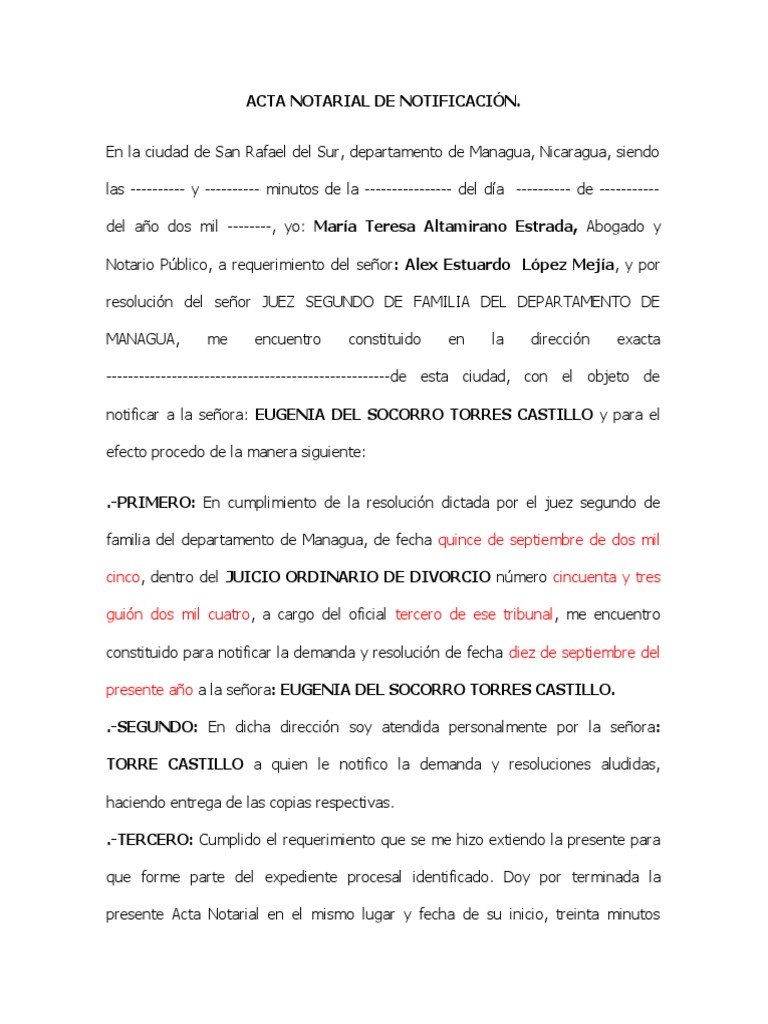 Acta Notarial de Notificación para Divorcio | PDF