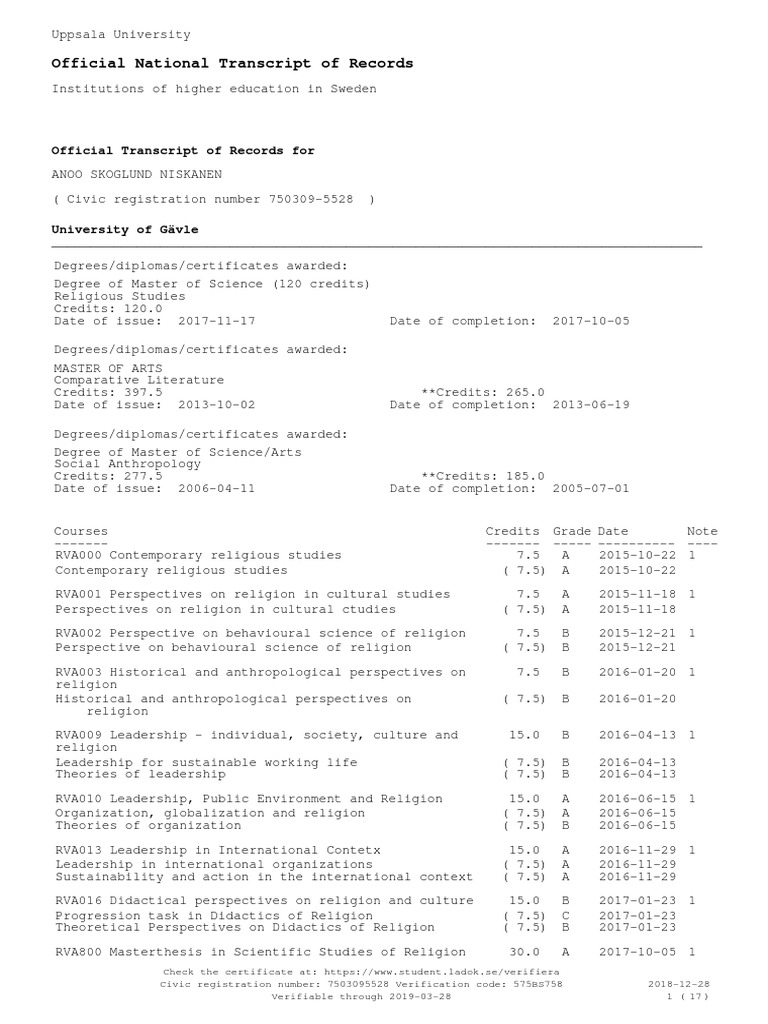 Nationellt Resultatintyg - Official National Transcript of Records ...