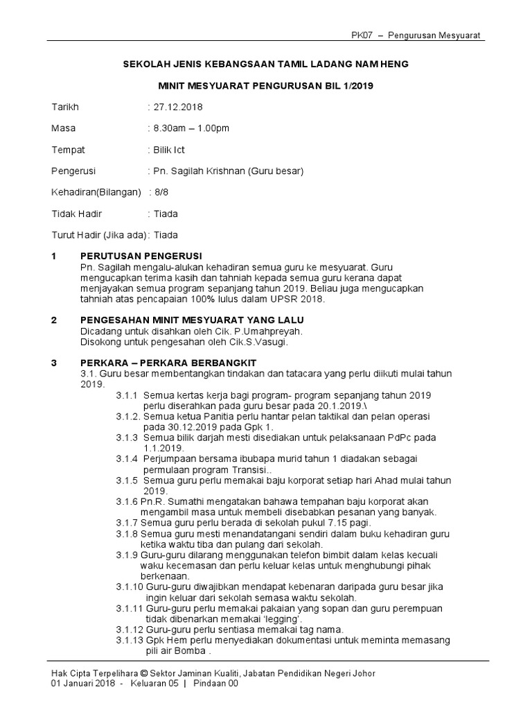 MINIT MESYUARAT Pengurusan 1-2019 | PDF