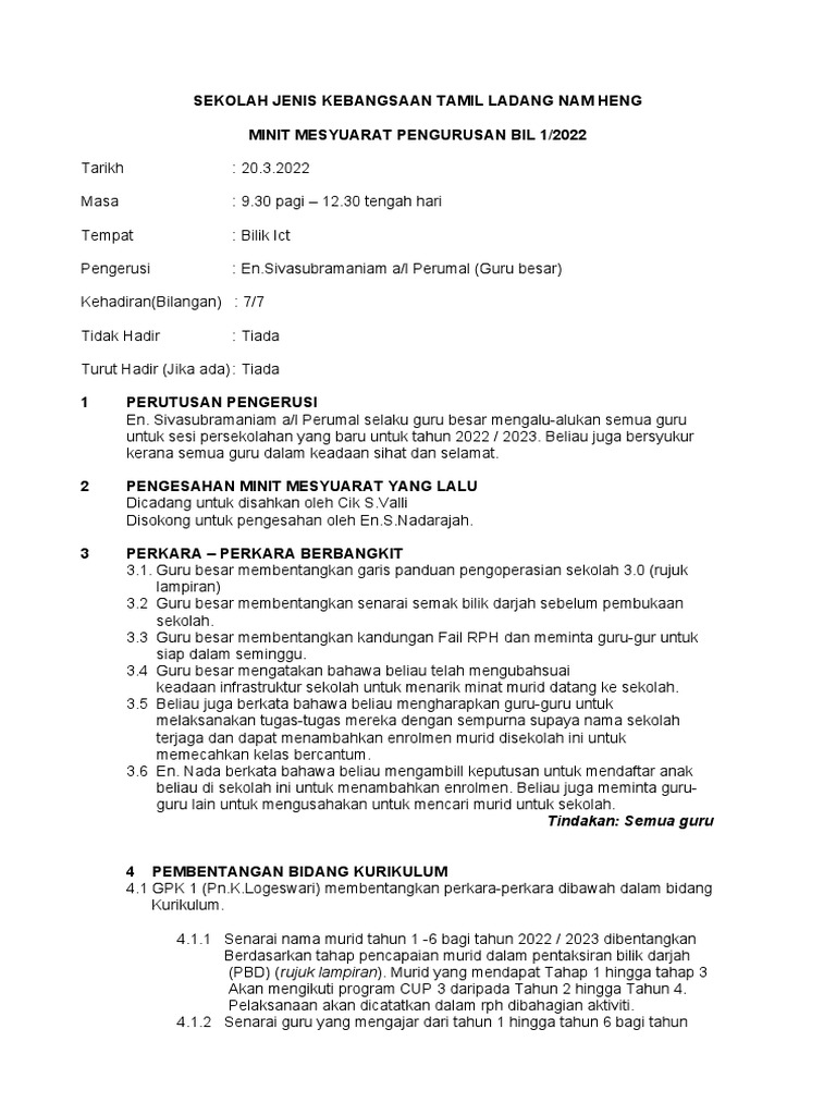 MINIT MESYUARAT Pengurusan 1-2022 | PDF