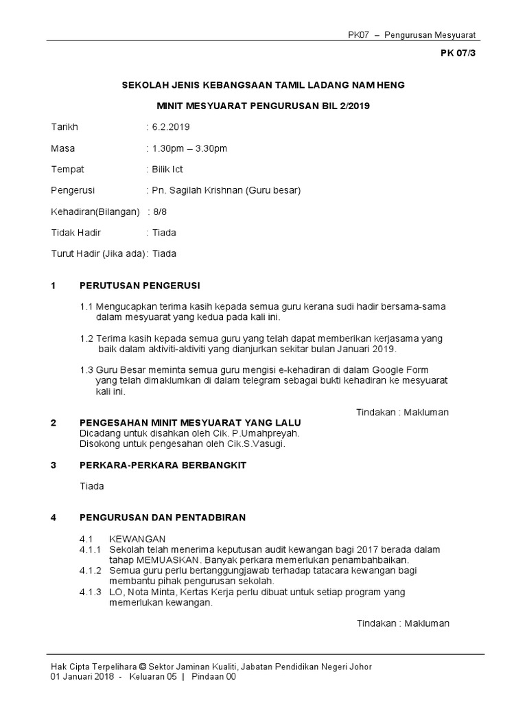Minit Mesyuarat Pengurusan 2-2019 | PDF