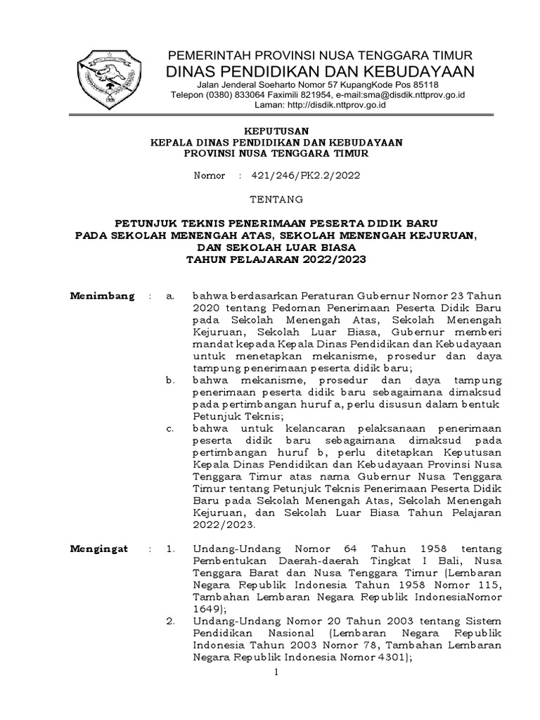 Petunjuk Teknis PPDB NTT 2022/2023 | PDF