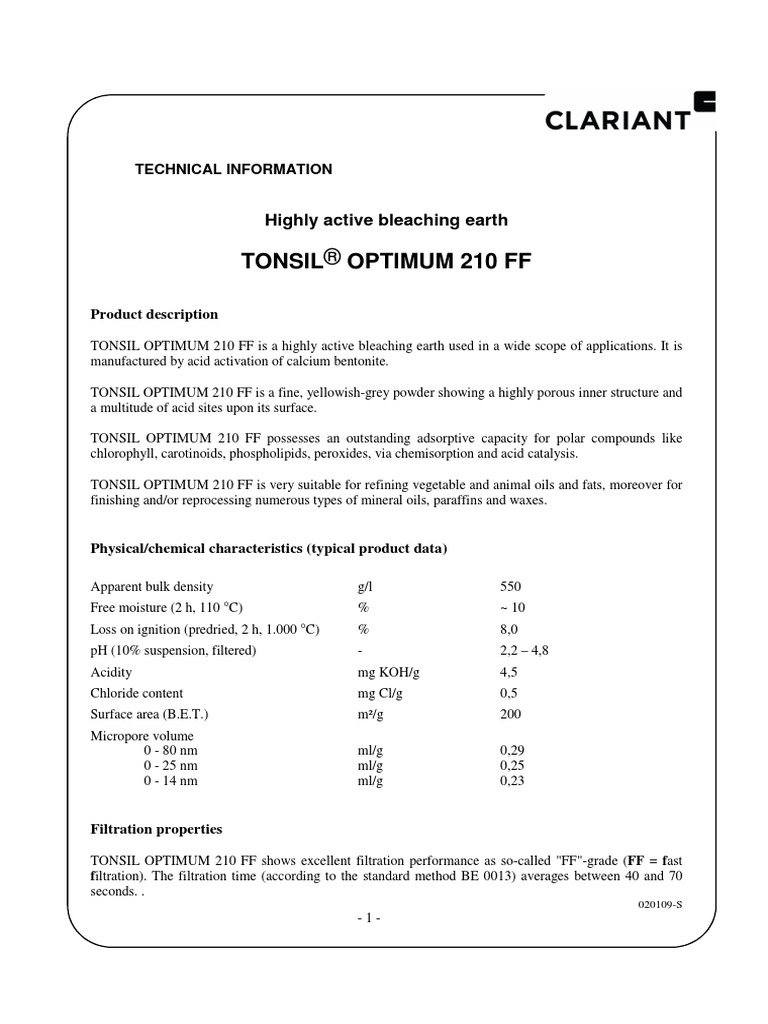 Tonsil Optimum 210 FF Bleaching Earth | PDF | Soil | Filtration