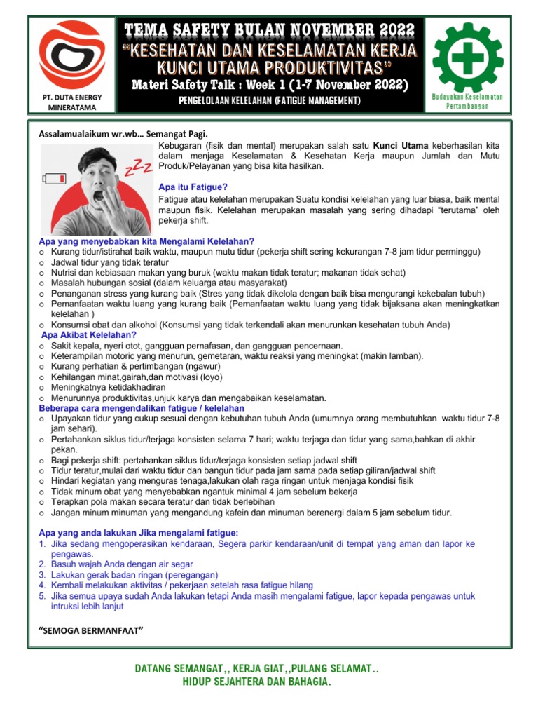 Week 1 (1-7 Nov 2022) Safety Talk - DEM - Pengelolaan Kelelahan ...