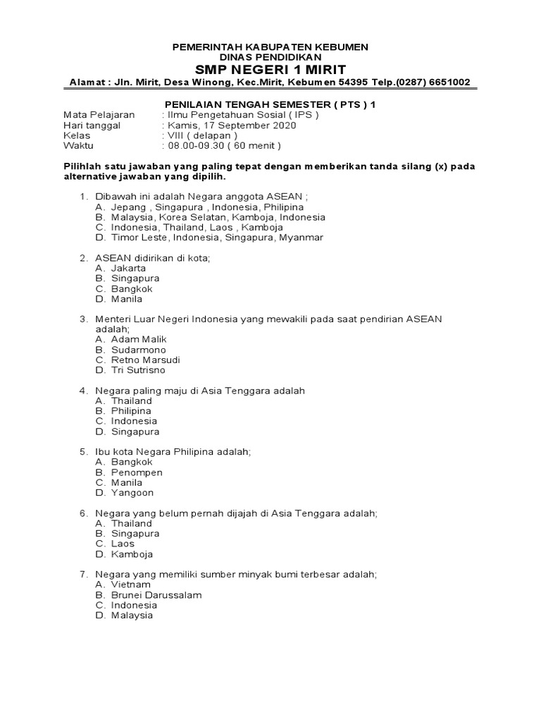 Soal PTS Kelas 8 Semester 1 Tahun 2020 | PDF