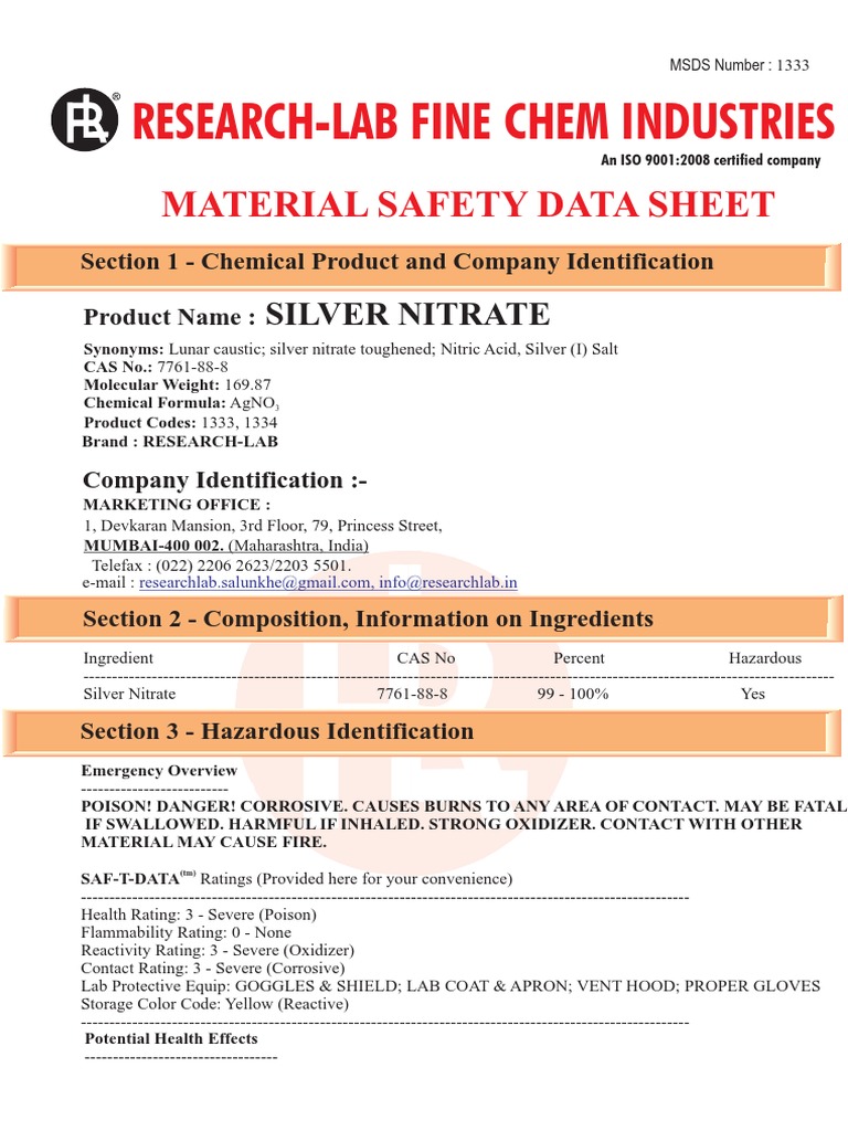 Silver Nitrate Extra Pure | PDF | Materials | Chemistry