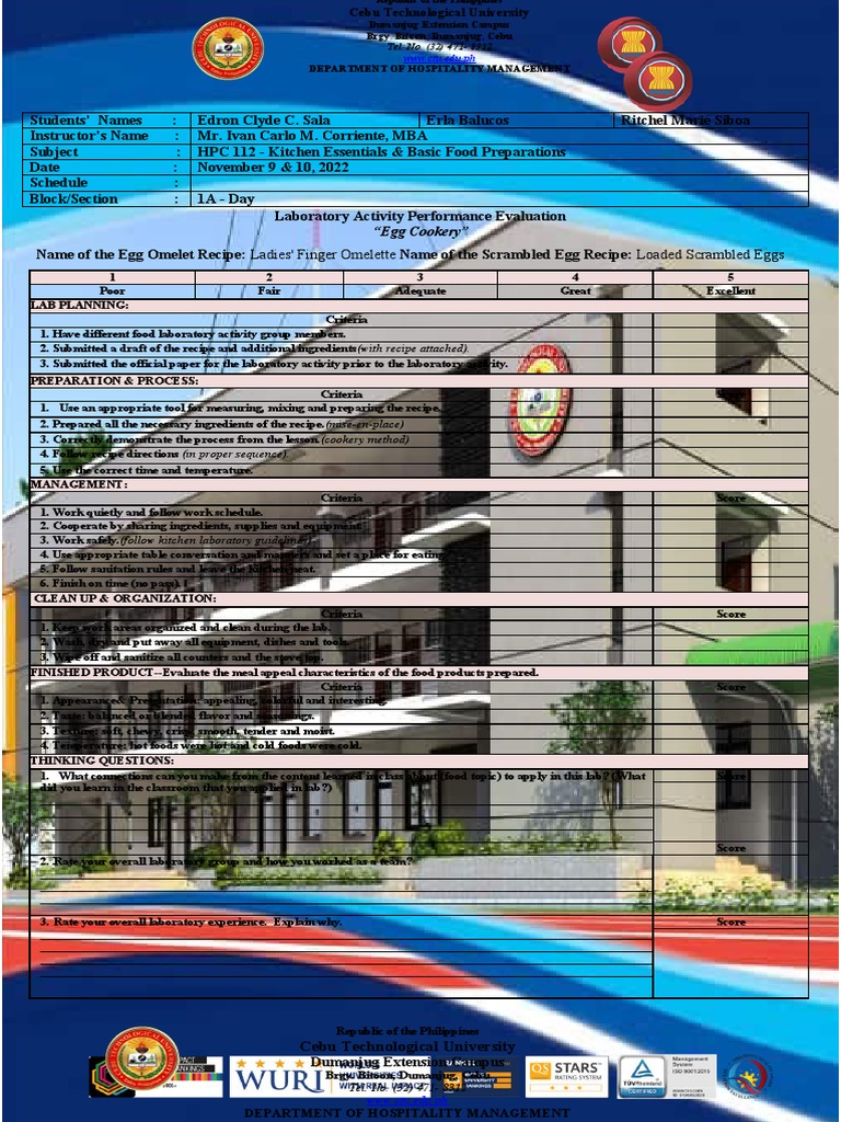 Egg Cookery Laboratory Activity Evaluation Paper Documentation | PDF ...