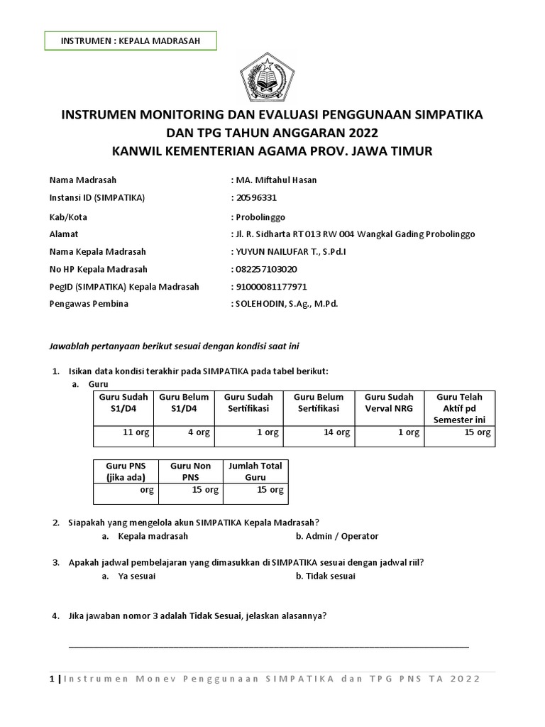 Instrumen Monev Simpatika & TPG MA | PDF