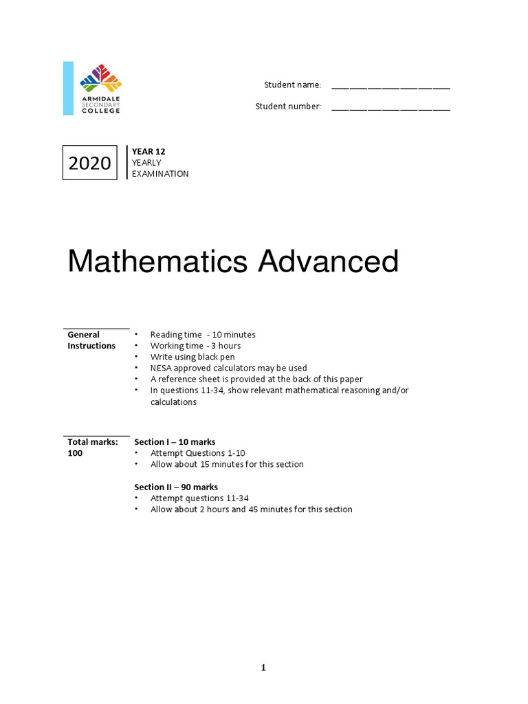 Year 12 Mathematics Advanced Examination: Analysis of Content and ...