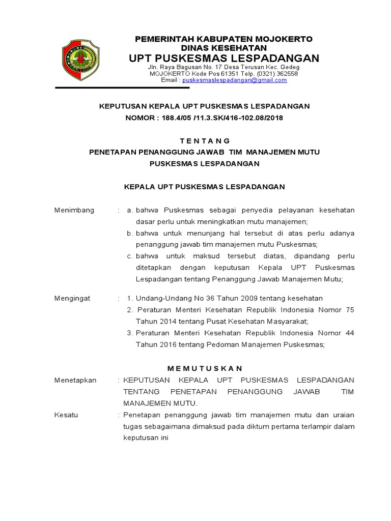 Contoh SK Tim Penanggung Jawab Mutu 2018-2019 | PDF