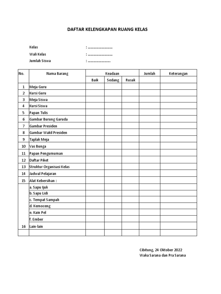 Daftar Kelengkapan Ruang Kelas | PDF