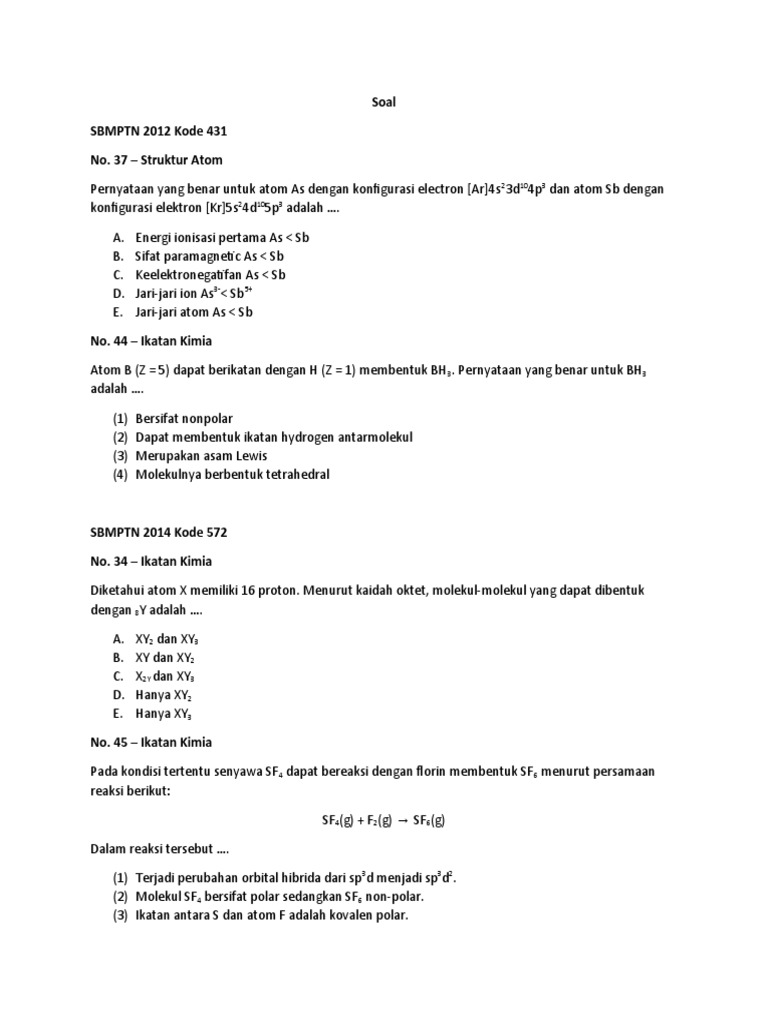 Soal Struktur Atom Sistem Periodik Dan Ikatan Kimia | PDF