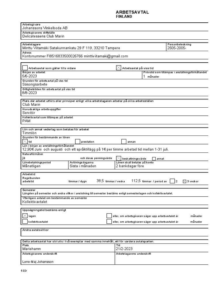 Arbetsavtal Minttu ViitamÃ Ki | PDF