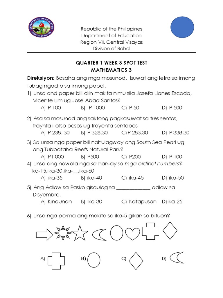 Math3 Q1 Wk3 Spot Test | PDF