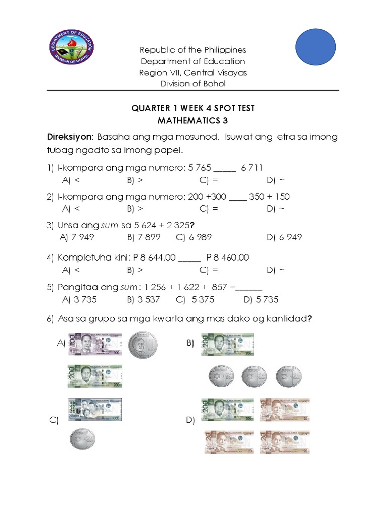 Math3 Q1 Wk4 Spot Test | PDF