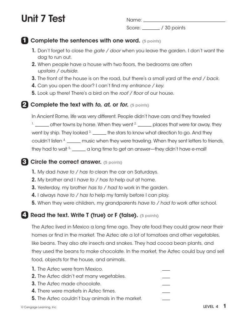 Unit 7 Test: Complete The Sentences With One Word | PDF | Chocolate