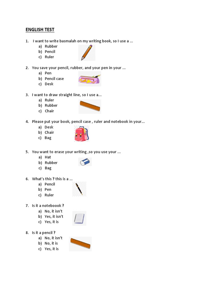 English Test: School Supplies & Animals Identification | PDF